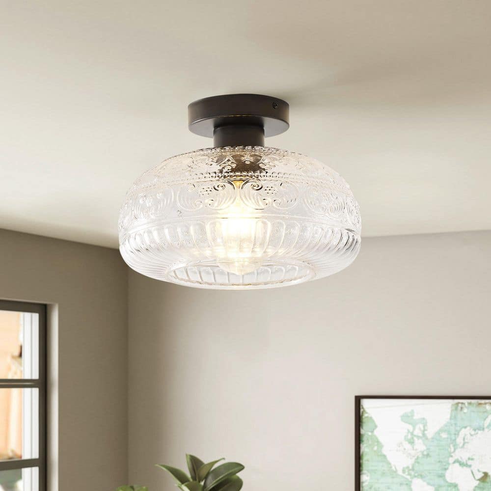 aiwen 11.02 in. 1-Light Vintage Matte Black Semi-Flush Mount Ceiling ...