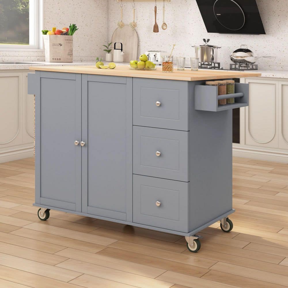 Ziyudura Rolling Gray Drop Leaf Wood Top 53 in. Kitchen Island Cart ...
