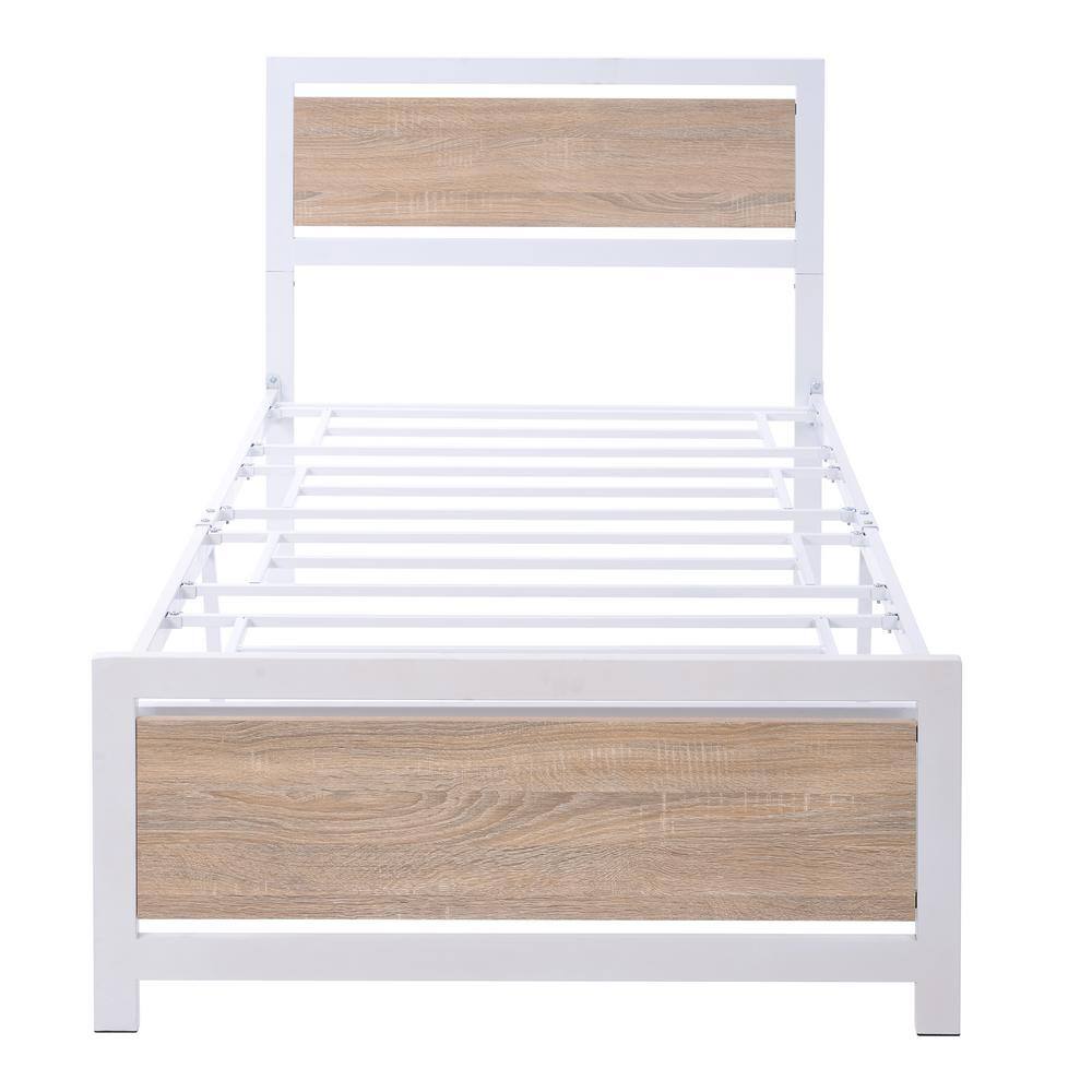 Anbazar White Twin Size Metal Platform Bed With Wooden Headboard And