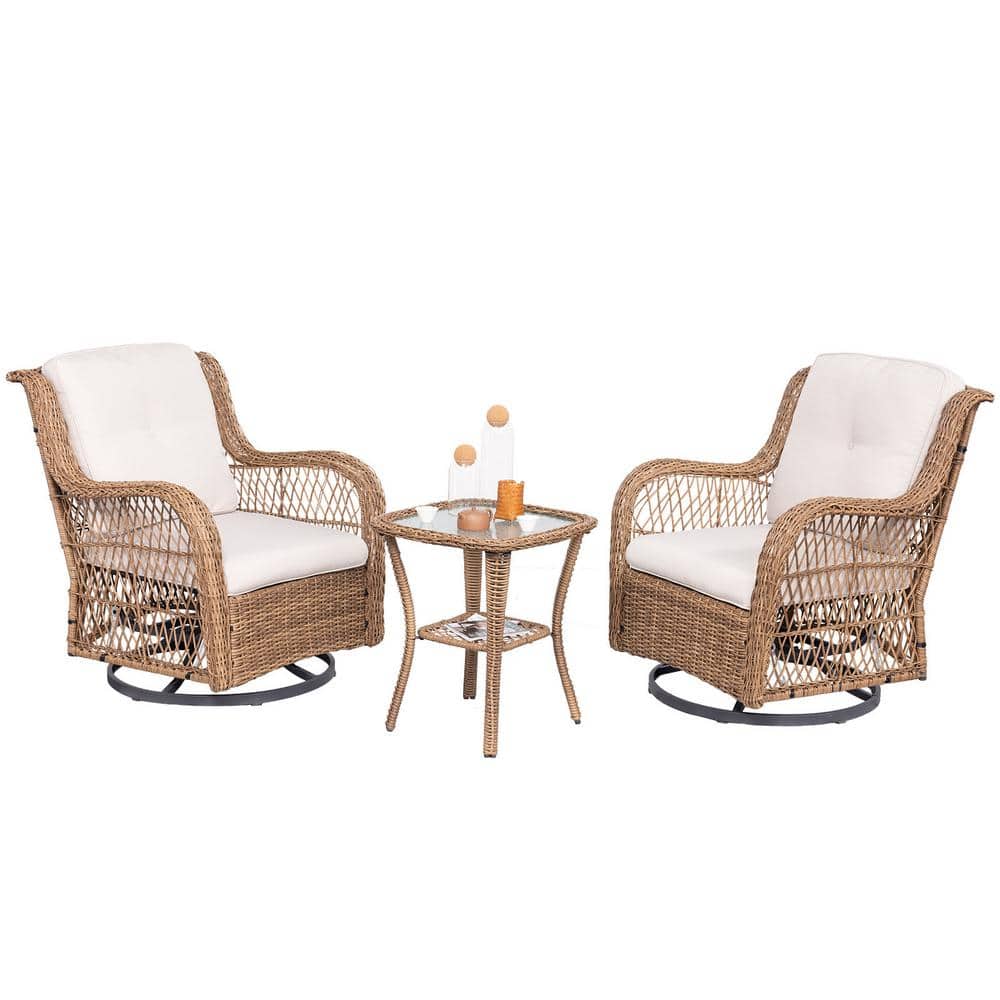 Sudzendf Natural Brown 3-Piece Wicker Patio Swivel Rocker Outdoor ...