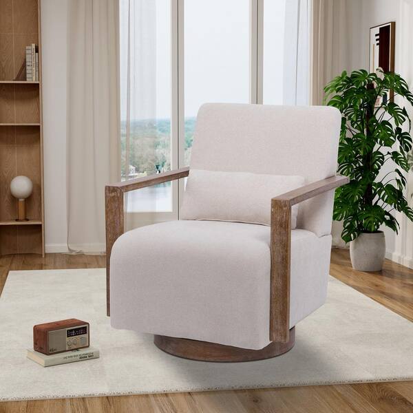Beige Linen Mid Century Swivel Accent Chair Modern Upholstered Armchair 360 Degree Swivel Chair ...