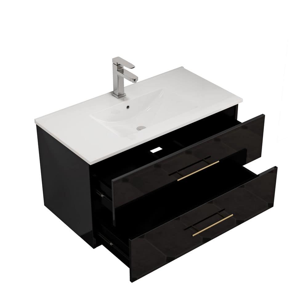 Afhocomp 36 in. Single Sink Floating Black Bath Vanity with White ...