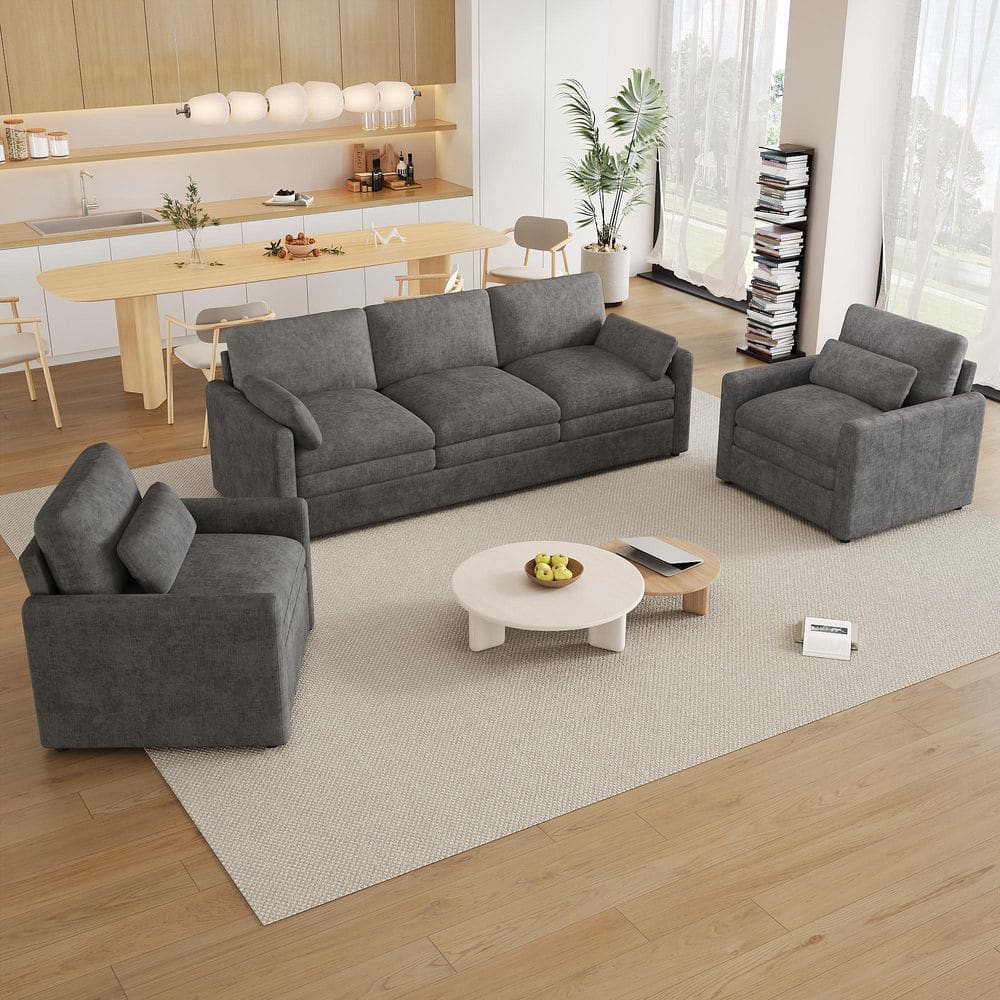 Harper & Bright Designs 3-Piece Gray Chenille Upholstered Living Room ...