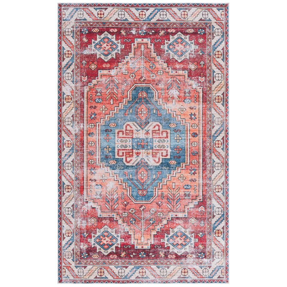 SAFAVIEH Arizona 4 ft. x 6 ft. Red/Blue Machine Washable Medallion ...