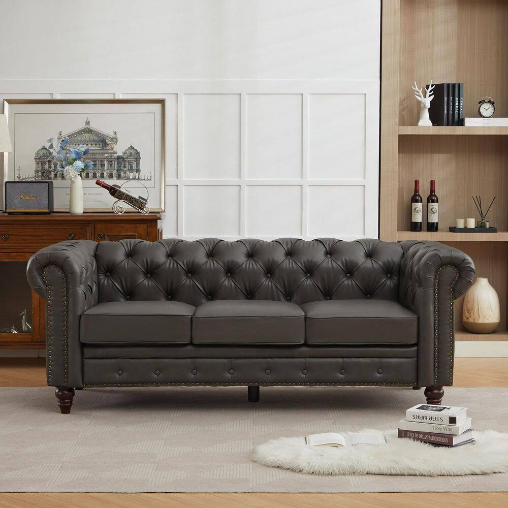 JEAREY 84" Leather Chesterfield Sofas 3-Seater Round Arm Sofa Button Rectangle Nailhead Tufted ...