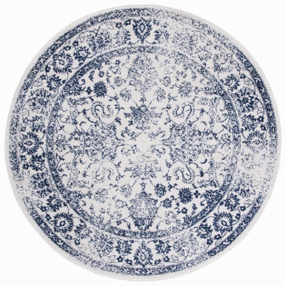 SAFAVIEH Adirondack Ivory/Navy 10 ft. x 10 ft. Border Distressed Round ...