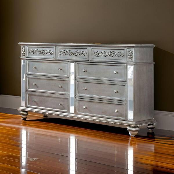 Benjara Gray and Clear 9-Drawer 64 in. Wide Dresser with Mirror ...