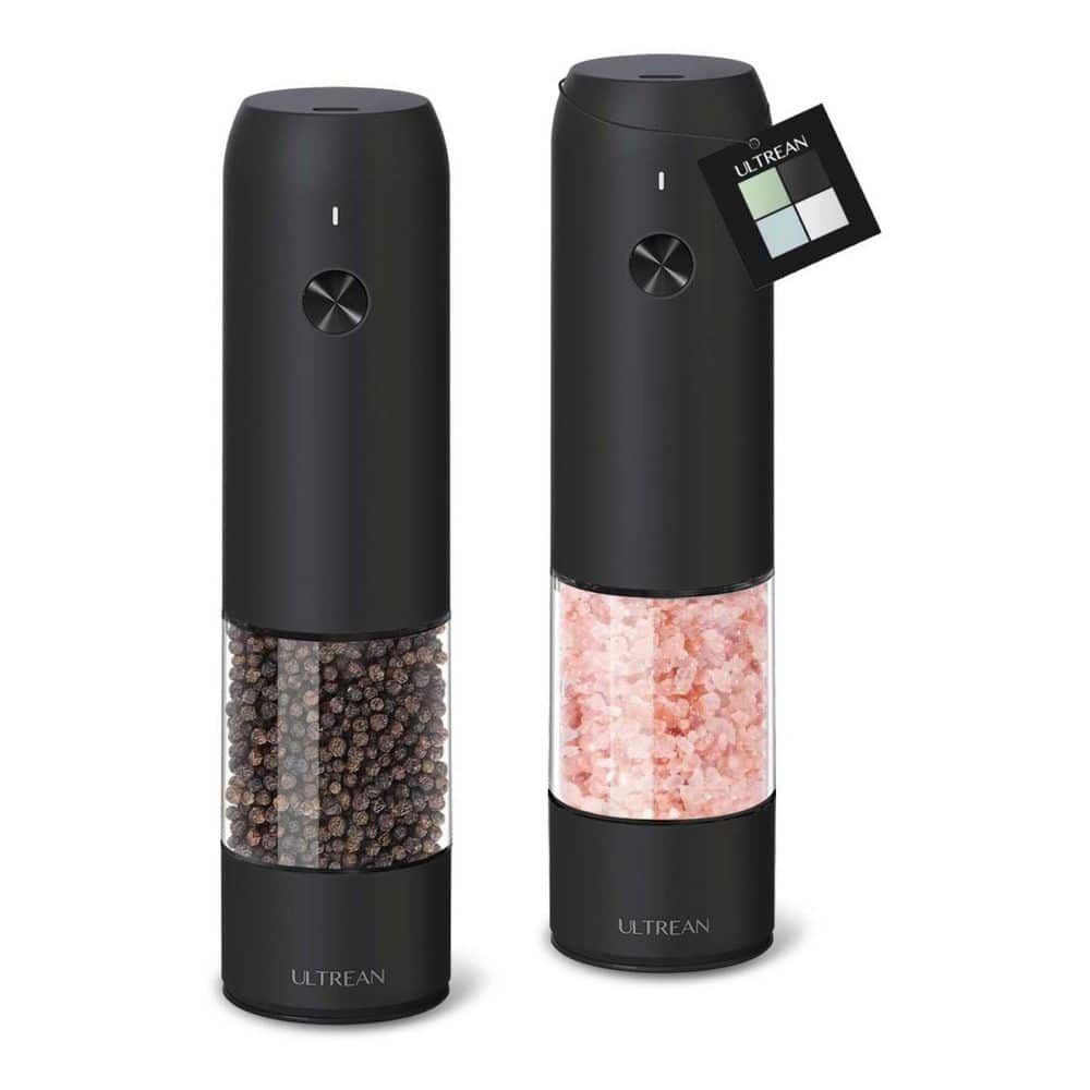 Ultrean 2-Pack USB Rechargeable Black Salt & Pepper Grinders, Adjustable Fineness, One-Handed ...