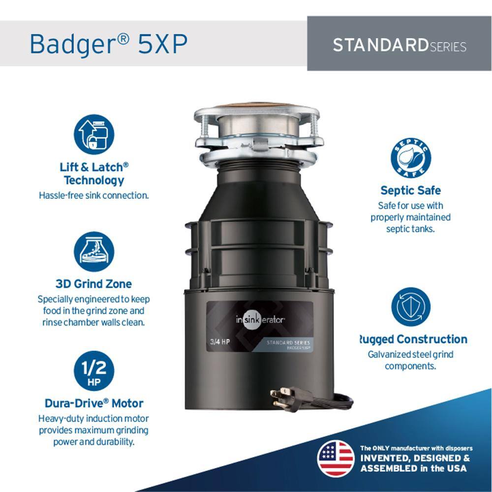 Badger 5xP W/C 3/4 HP Continuous Feed Kitchen Garbage Disposal with ...