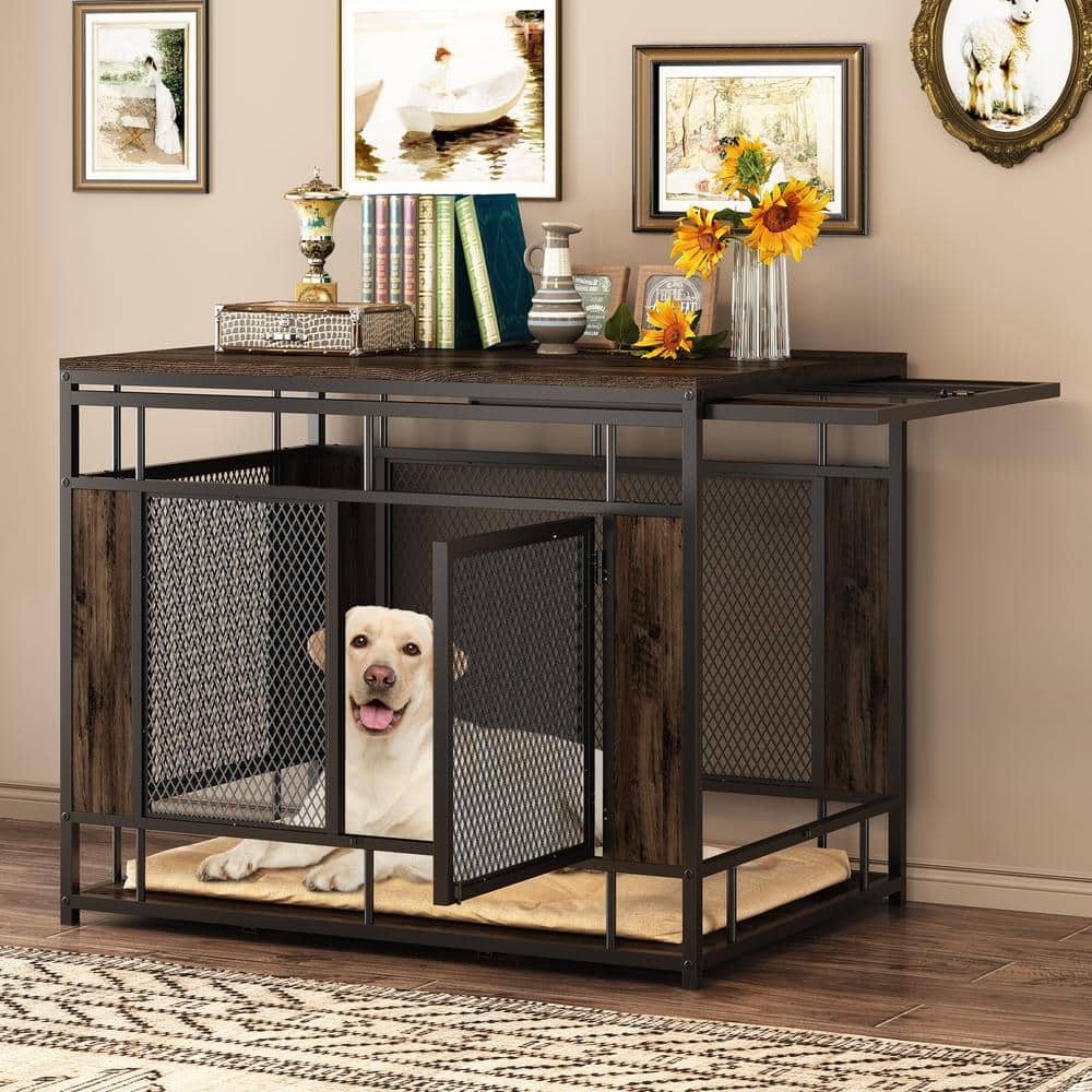 FUFU&GAGA Large Dog Kennels Crate, Indoor Dog Crate End Table, Mesh and Wooden Dog Cages with 2 ...