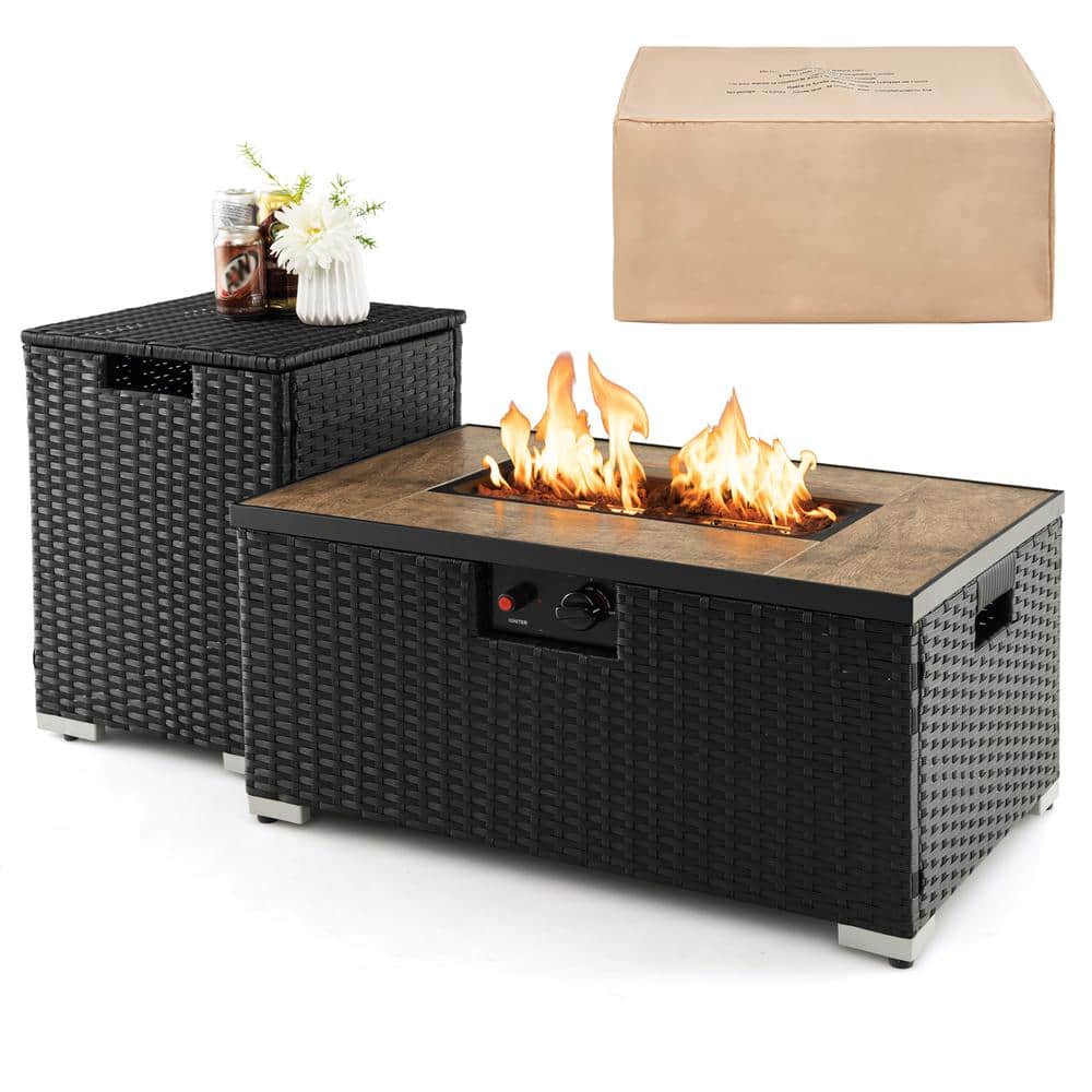 Gymax 32 in. x 20 in. Propane Rattan Fire Pit Table Set w/Side Table ...