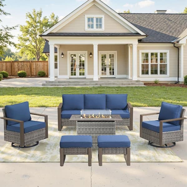 Bellefurn Kove Gray 6-Piece Wicker Patio Conversation Fire Pit Seating Set with Blue Cushions ...