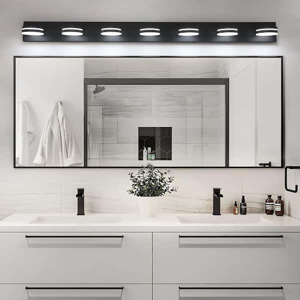 JUSHENG 55 in. 7-Light Black LED Vanity Light with Dimmable 5500K Light ...
