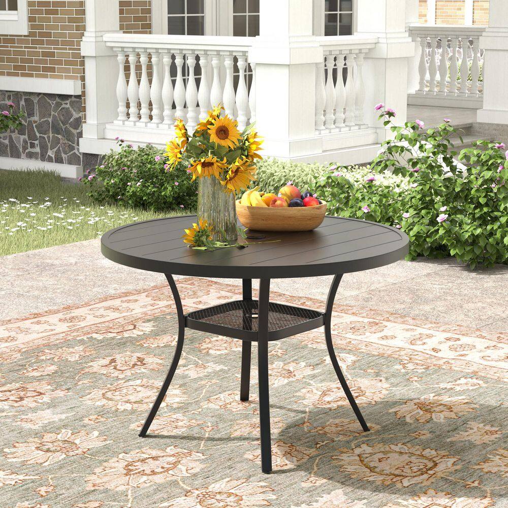 Black 42 in. Round All-Weather Metal Outdoor Dining Table for 4 with ...