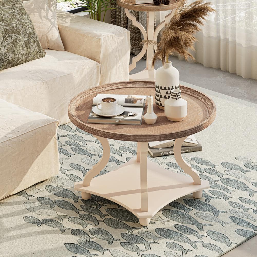 FUIN Farmhouse 31.87 in. Round Wood Coffee Table with Shelf Natural ...