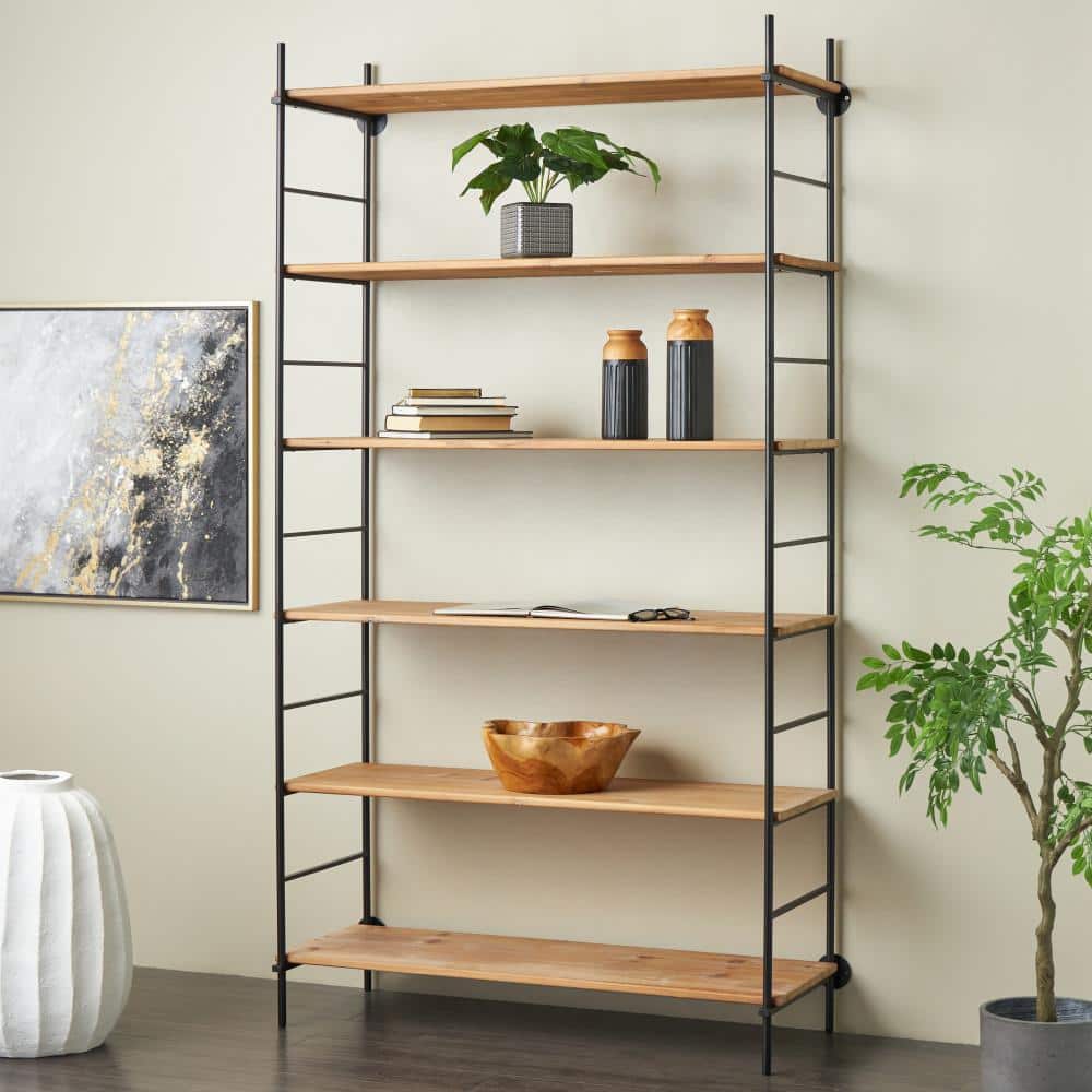 Litton Lane 87 in. Tall Brown Wood Rectangular Bookcase with Black ...