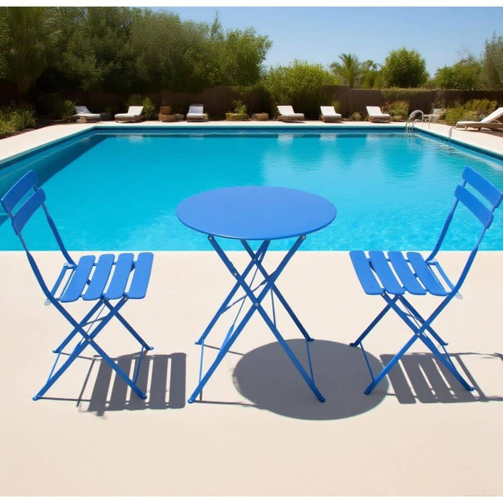 3-Piece Blue Metal Foldable Outdoor Bistro Set, Patio Bar Set with ...