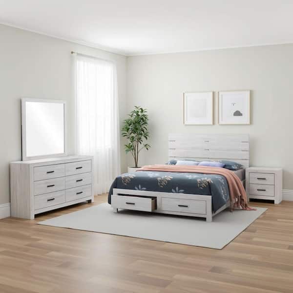 Benjara Sili 4-Piece Coastal White Wood Queen Size Bedroom Set with ...