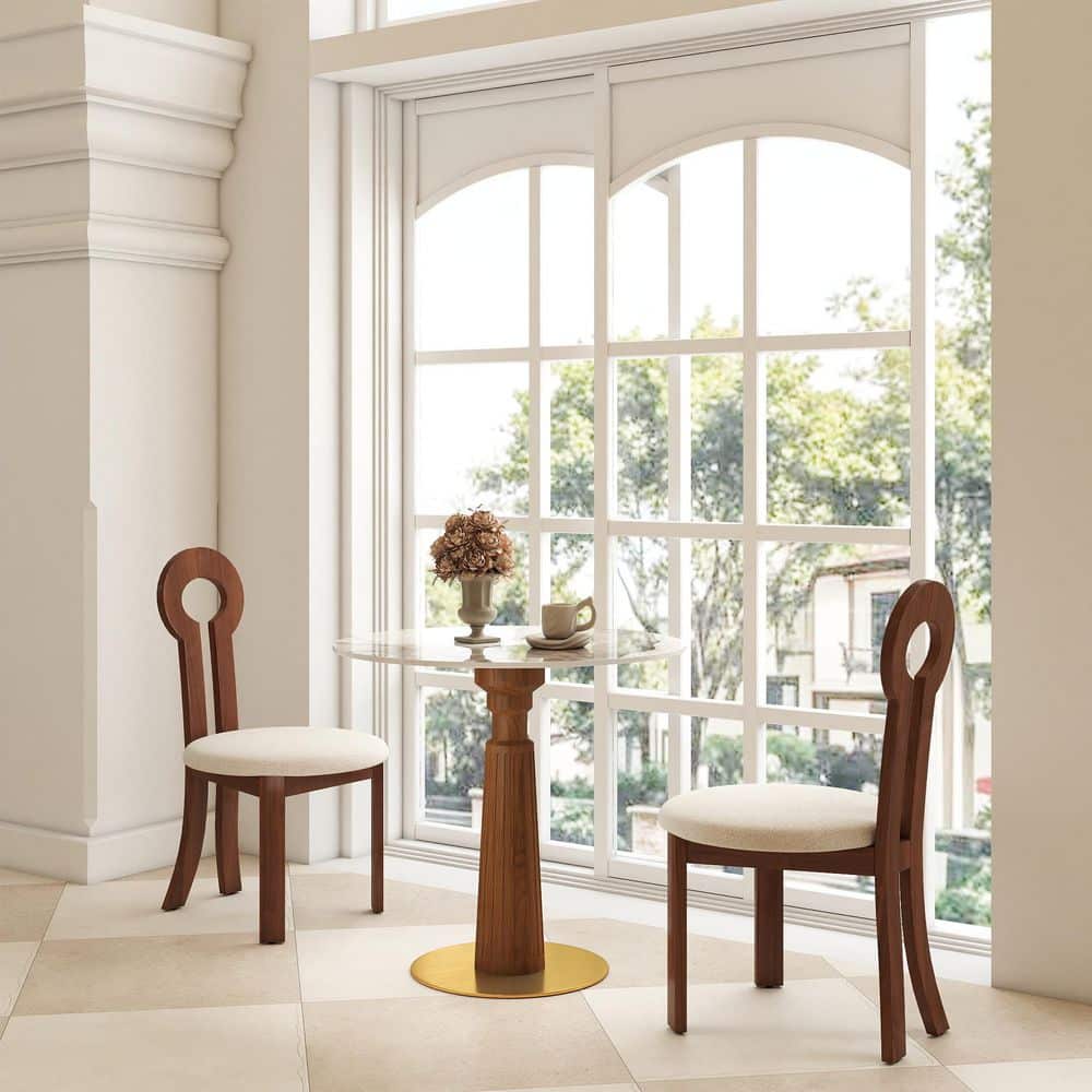 Magic Home 33 in. Round Pandora Sintered Stone with Solid Wood Pedestal Dining Table for Bistro ...