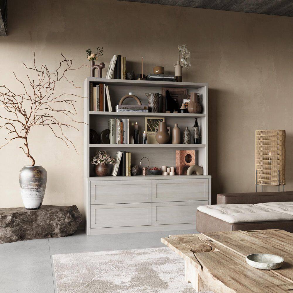 FUFU&GAGA 74.6 in. Tall Beige Wood Grain Wood 3-Shelf Accent Bookcase ...