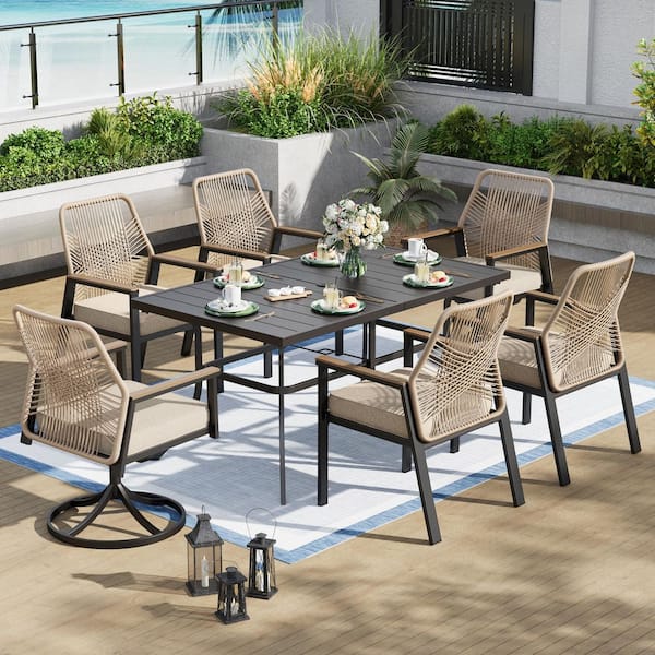 PHI VILLA 7-Piece Black Metal Patio Outdoor Dining Set with Rectangle ...