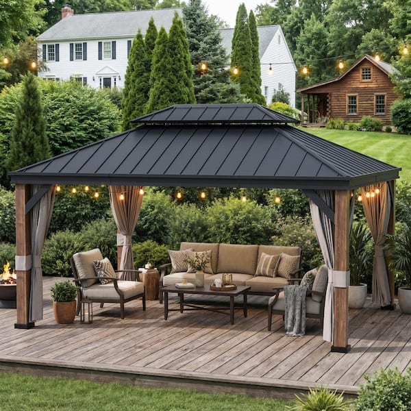 Esunny 12 ft. x 16 ft. Wood Grain Double Galvanized Steel Roof Gazebo ...