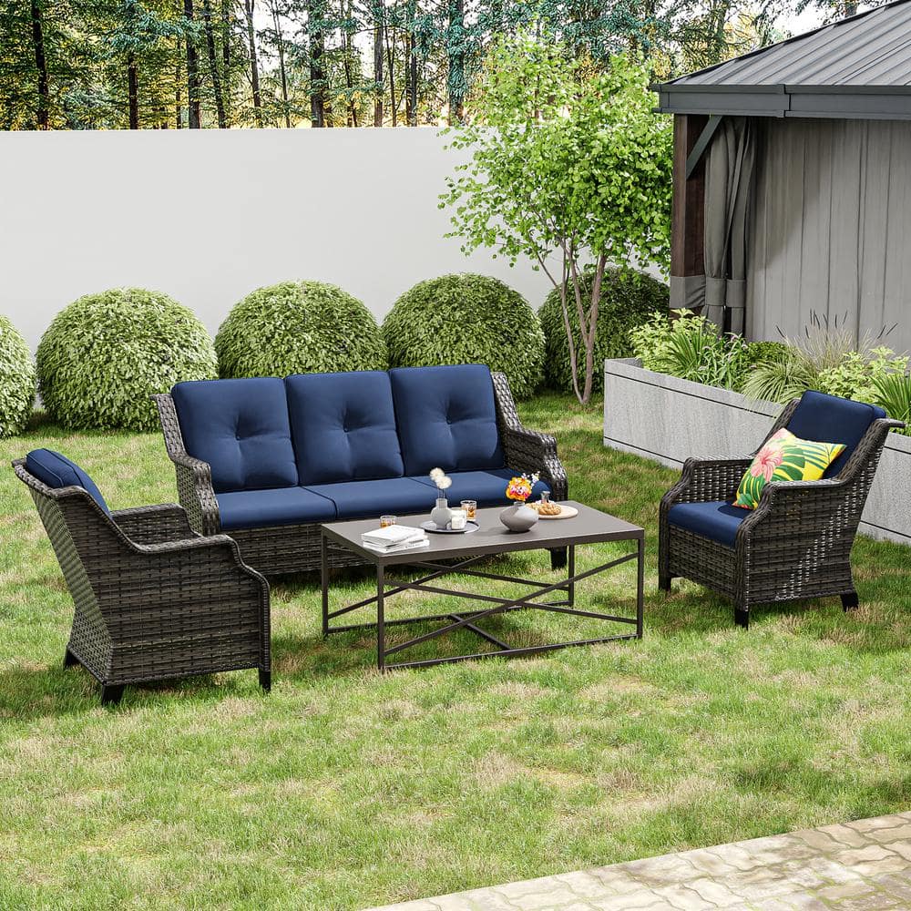 JOYSIDE 4-Piece Wicker Outdoor Patio Conversation Set Sectional Couch ...