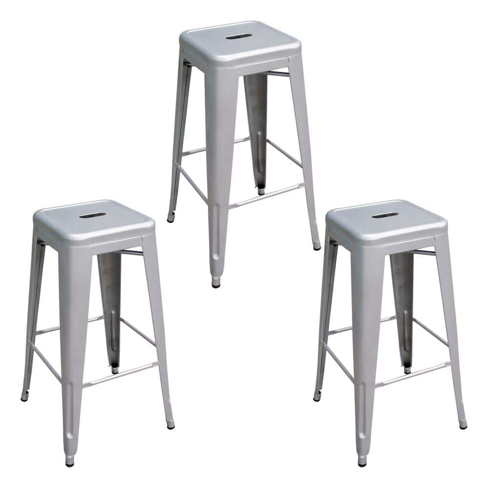 AmeriHome 30 in. Silver Metal, Backless, Stackable Bar Stool (Set of 3 ...