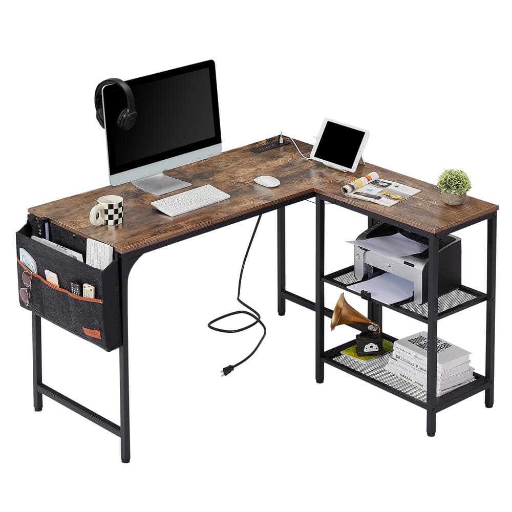 VECELO Computer Desk 21.7 in. L Shaped Brown Wood Desk with Power ...