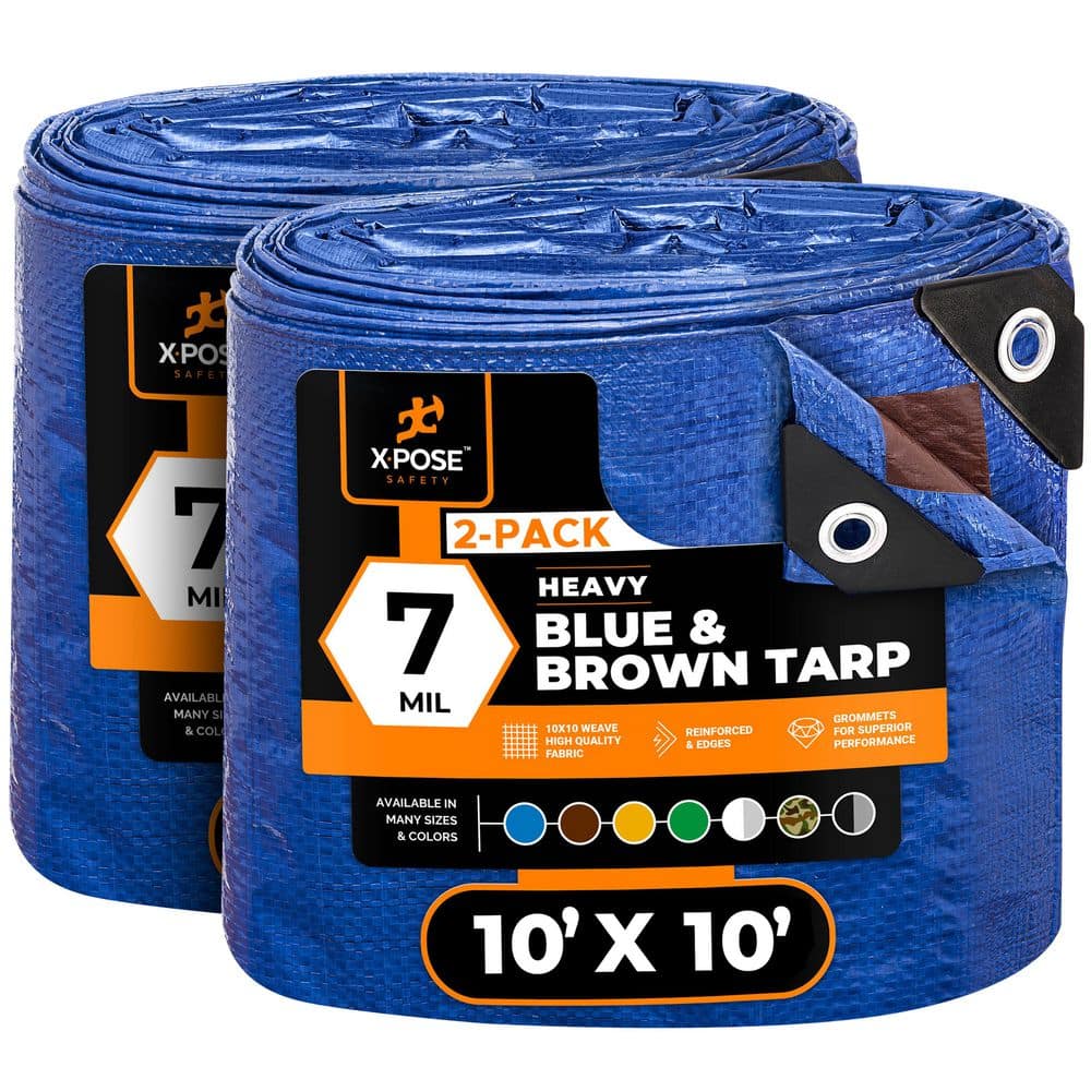 XPOSE SAFETY 7 Mil 10 ft. W x 10 ft. L Blue and Brown Heavy Poly Tarp ...