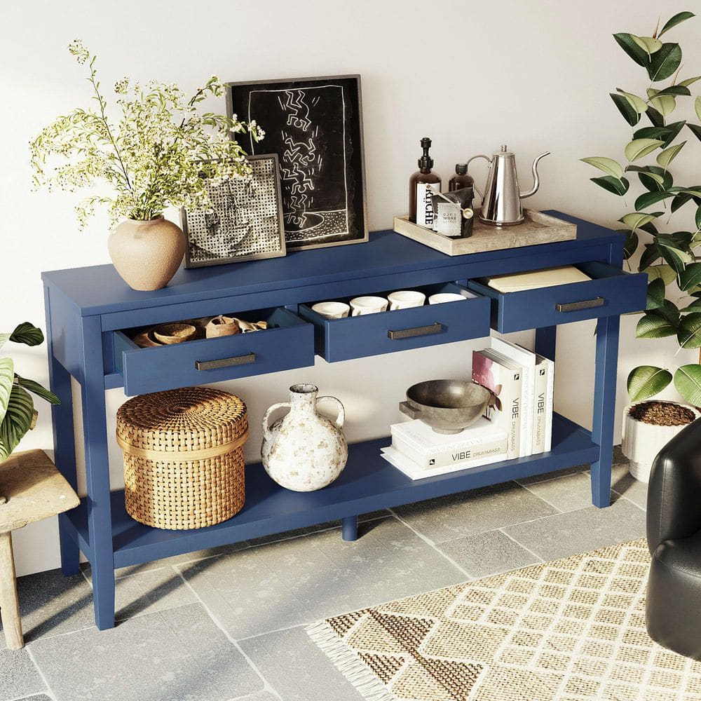 Harper & Bright Designs 59.1 in. Navy Blue Rectangle Wood Console Table ...