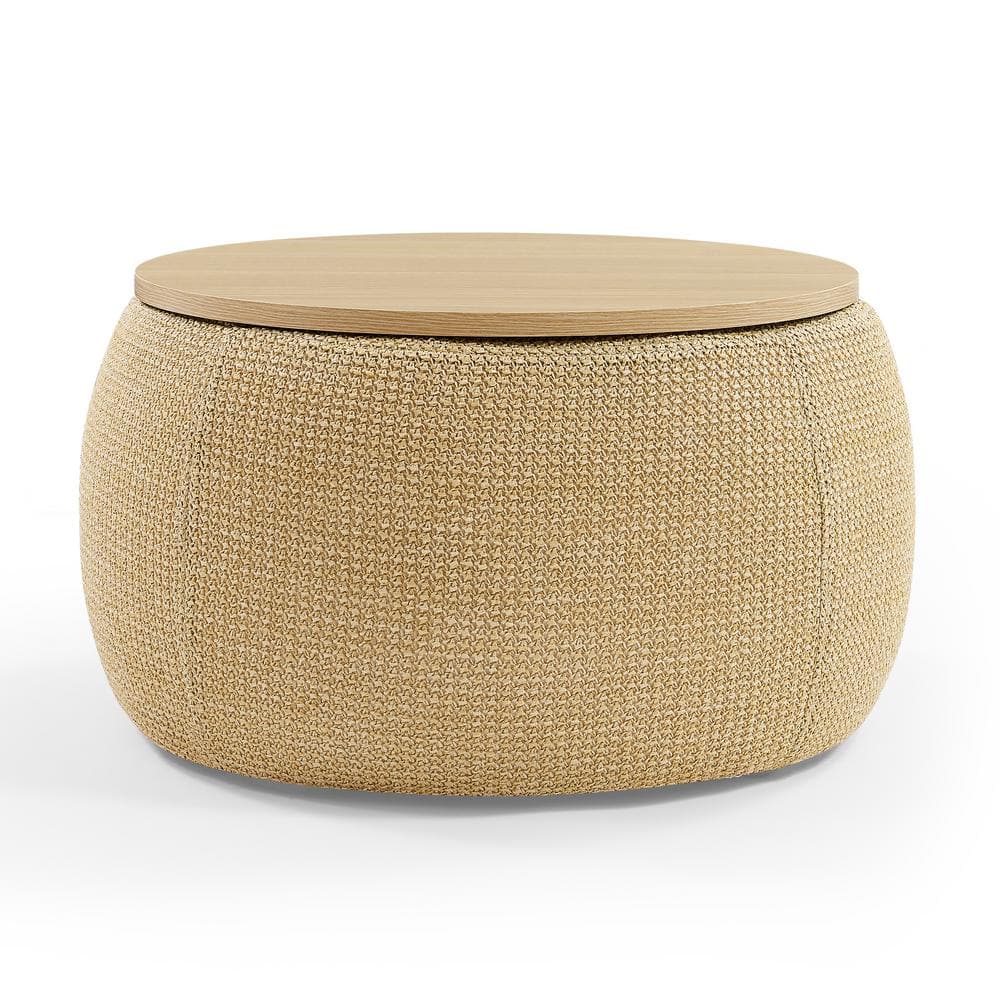 25.5 in.Natural Round Storage Ottoman 2 in 1 Function Work As End table ...