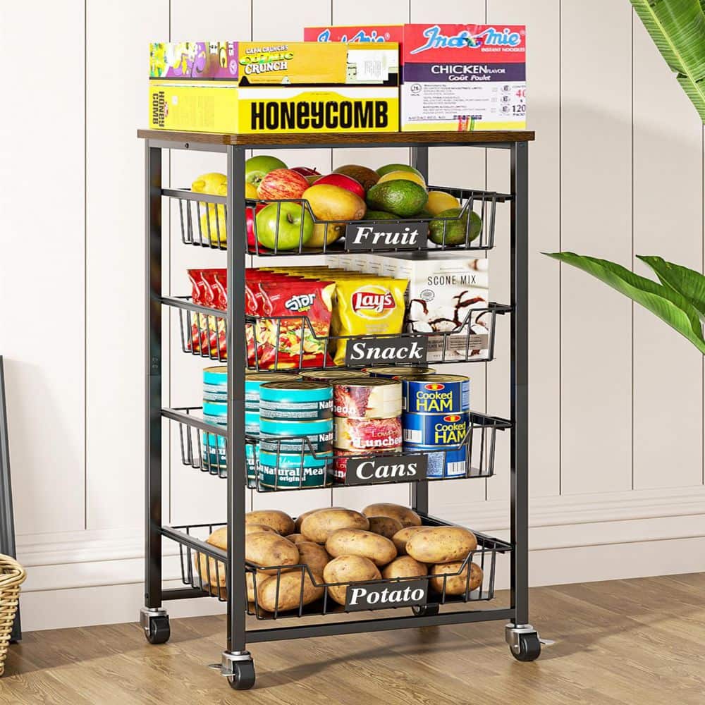 Wudkey 5-Tier Black Pantry Organizer and Storage Cart with Pull-Out ...