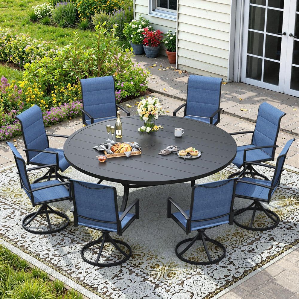 vicllax 9-Piece Metal Outdoor Dining Set with 60 in. Black Round Table ...