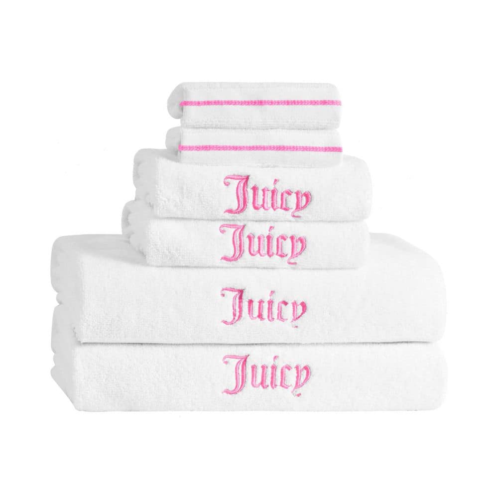 JUICY COUTURE Neon Border 6-Piece Cotton Bath Towel Set in White/Hot ...