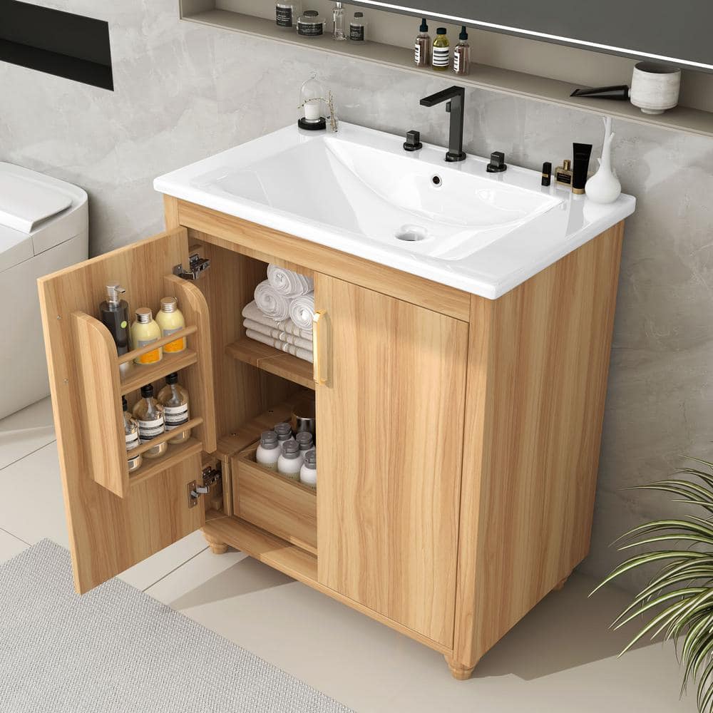 30 in. W x 18 in. D x 34 in. H Single Sink Freestanding Bath Vanity in Natural with White Ceramic Top