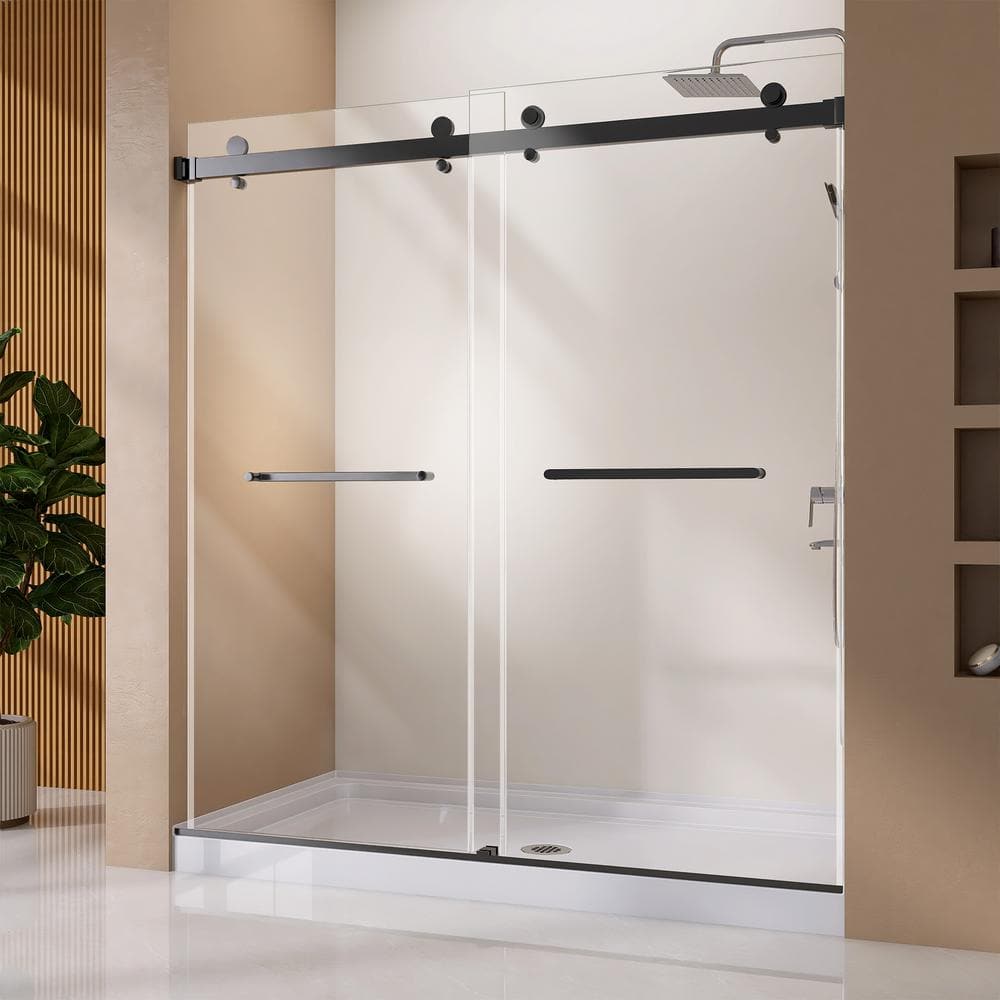 Zeafive 68 in. to 72 in. W x 76 in. H Frameless Double Sliding Shower Door in Matte Black ...