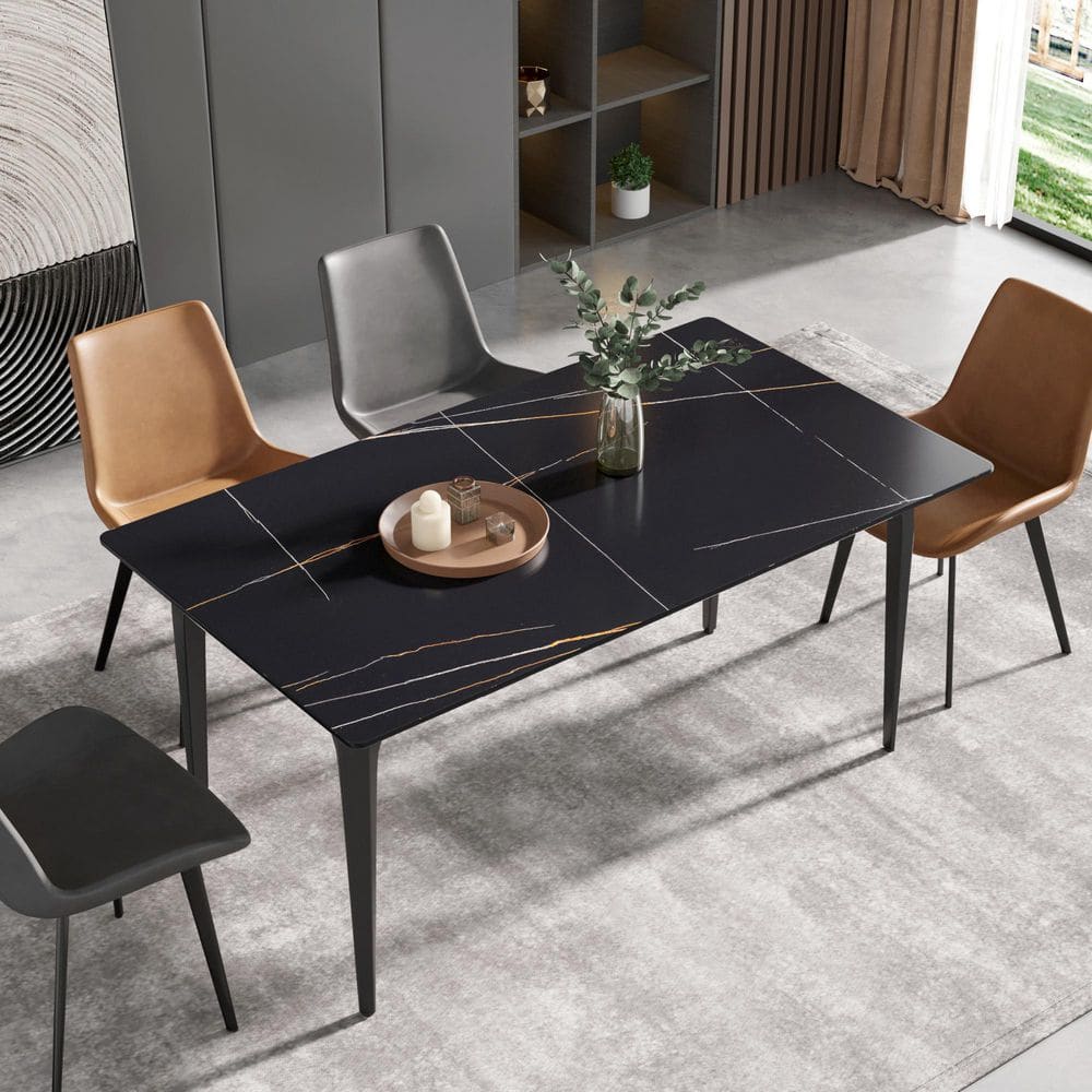 Magic Home 63 in. Luxury Sintered Stone Rectangle Black Top Black Metal ...