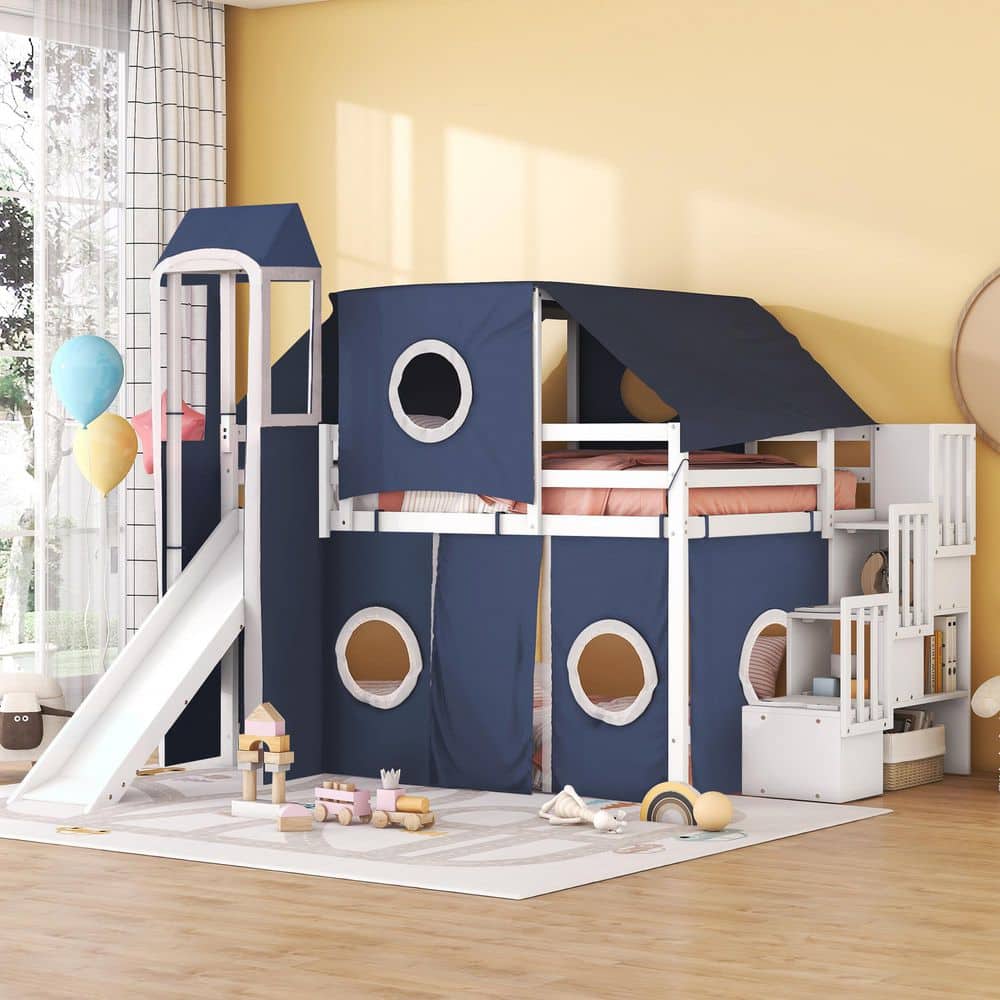 Harper & Bright Designs Blue Full Size Wood Loft Bed with Tent, Tower ...