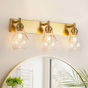 Rennnsan Roxanne 24.4 in. W 3-Light Brass Gold Modern Ribbed Glass Globe Bubble Bathroom Vanity ...