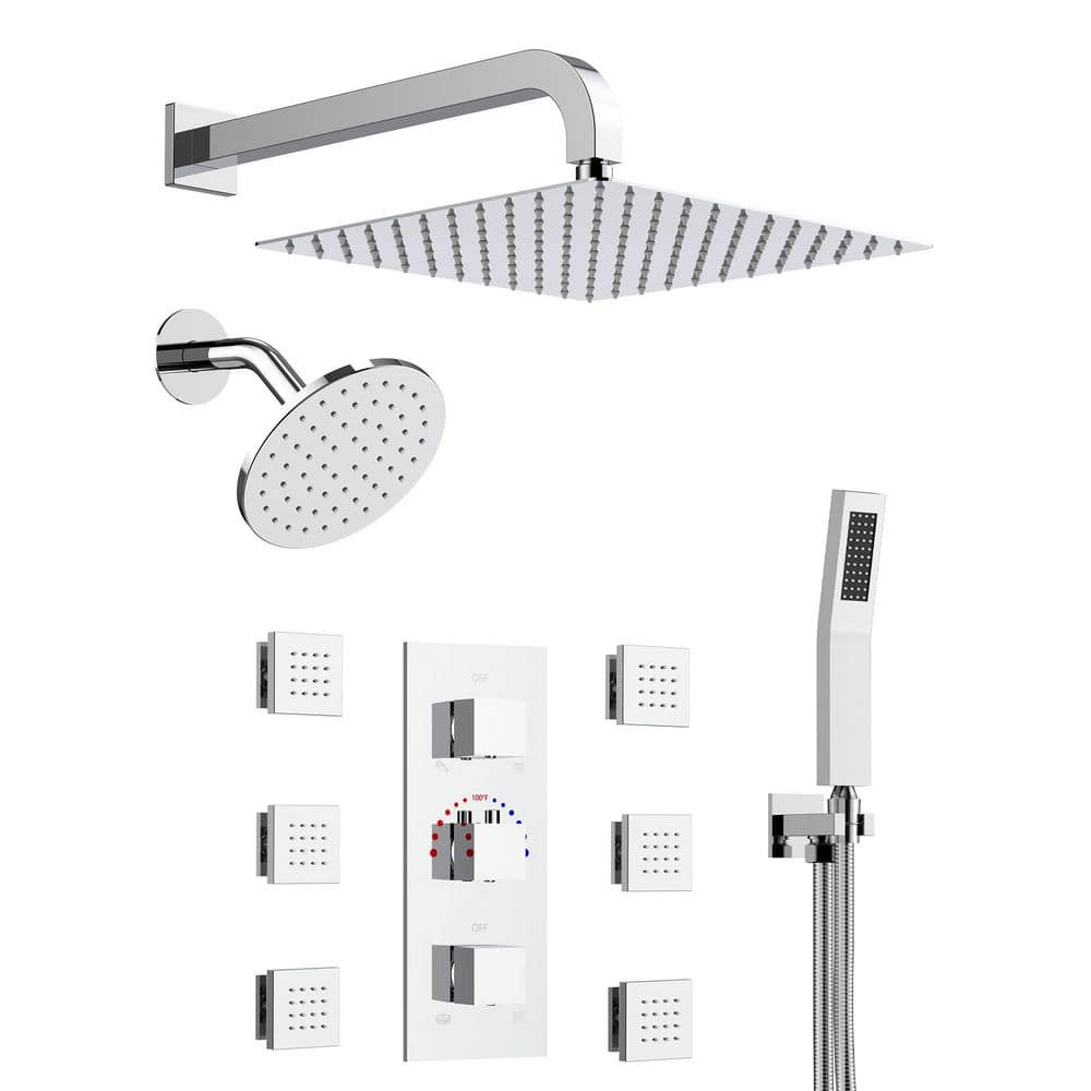 YAWWALK Thermostatic 8-Spray 12 and 6 in. Wall Mount Dual and Handheld ...