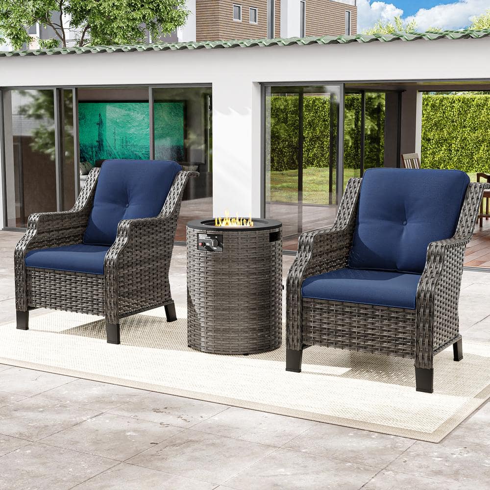 JOYSIDE 3-Piece Wicker Outdoor Patio Fire Pit Chair Set with Blue ...