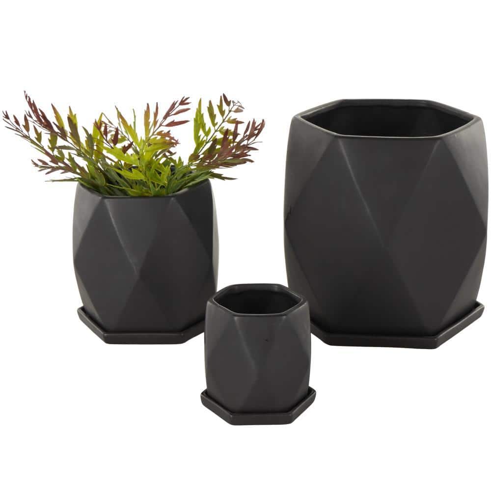 Litton Lane 11 in., 8 in., and 5 in. Medium Black Ceramic Geometric Patterned Planter with ...
