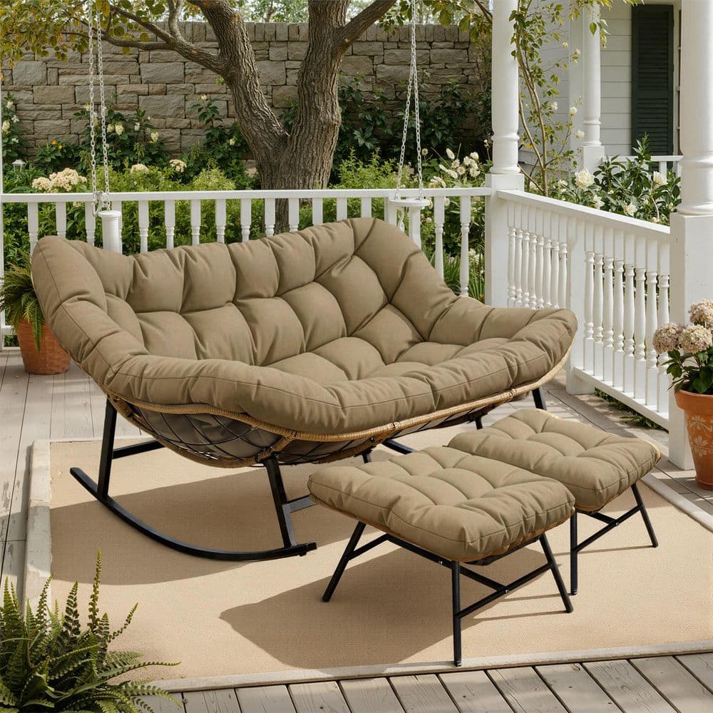 Double Wicker Outdoor Rocking Chair Loveseat Oversized 2-Person Patio ...