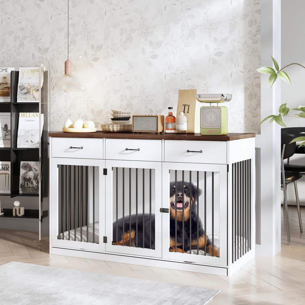 FUFU&GAGA Large Dog House Furniture Style Dog Cage Storage Cabinet, Dog Crate with 3 Drawers for ...