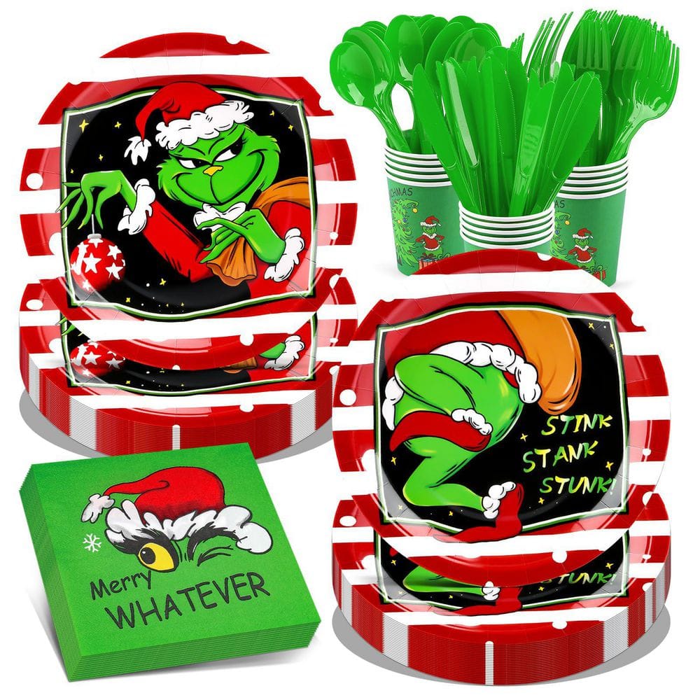 175-Piece Christmas Themed Disposable Tableware Set in Classic Green ...