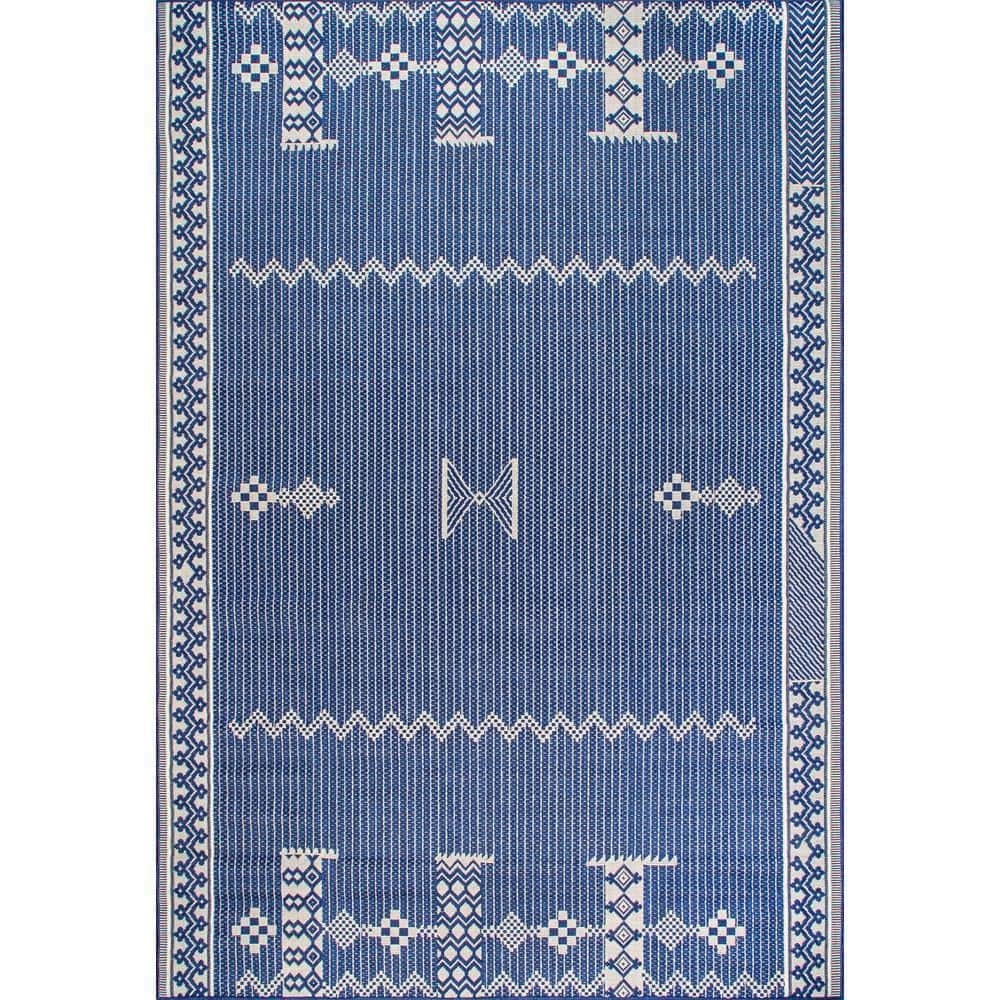 nuLOOM Lowen Tribal Navy 9 ft. 6 in. x 12 ft. Indoor/Outdoor Patio Area ...