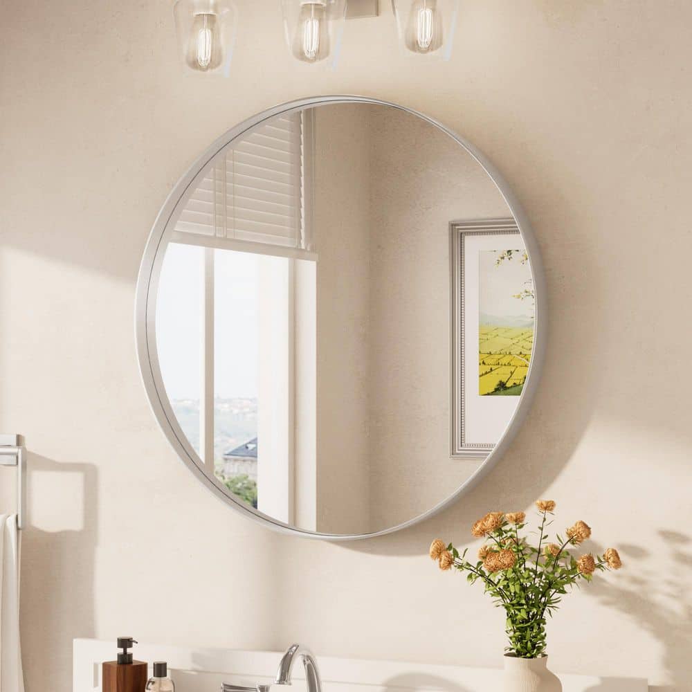 KeonJinn 30 in. W x 30 in. H Round Mirror Framed Brush Nickel Mirrors ...