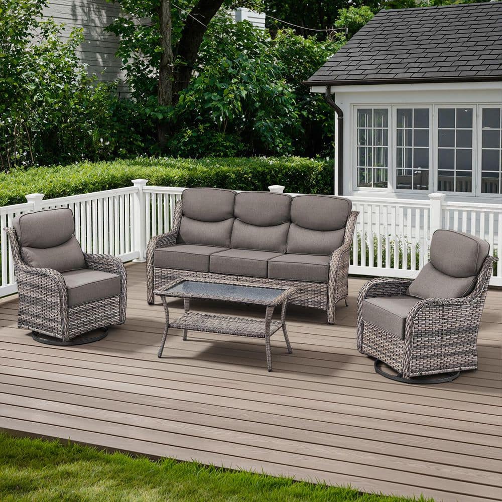 Opohoro Arcadia Gray 4-Piece Wicker Patio Conversation Set with Swivel ...