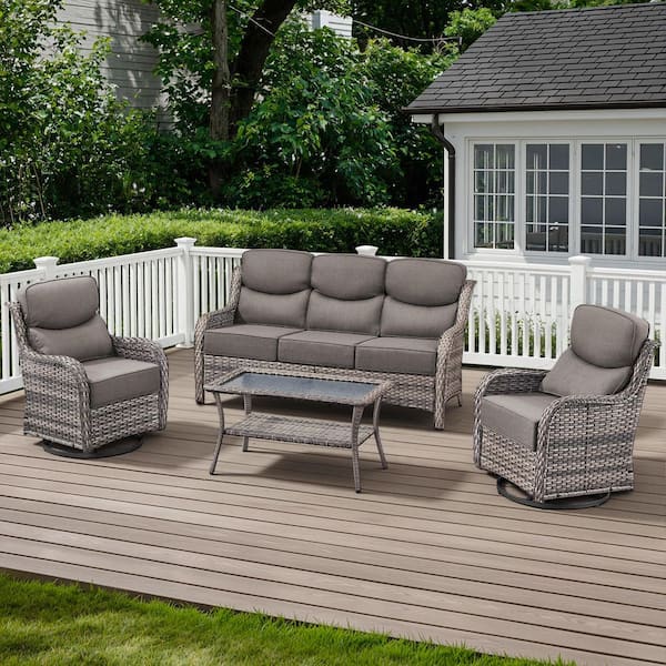 Opohoro Arcadia Gray 4-Piece Wicker Patio Conversation Set with Swivel ...